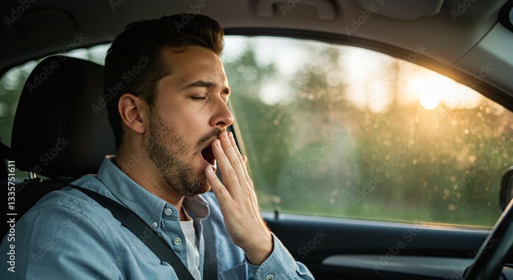 Sleepy driver yawning while driving a car, feeling drowsy and fatigued ...