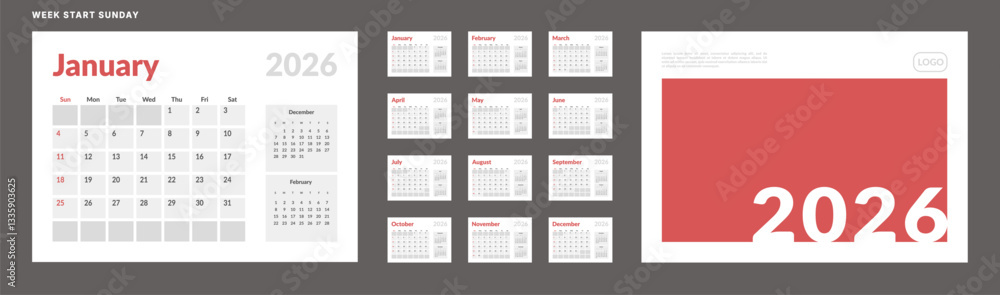 2026 Calendar Planner Set of Template Monthly Page and cover with Place ...