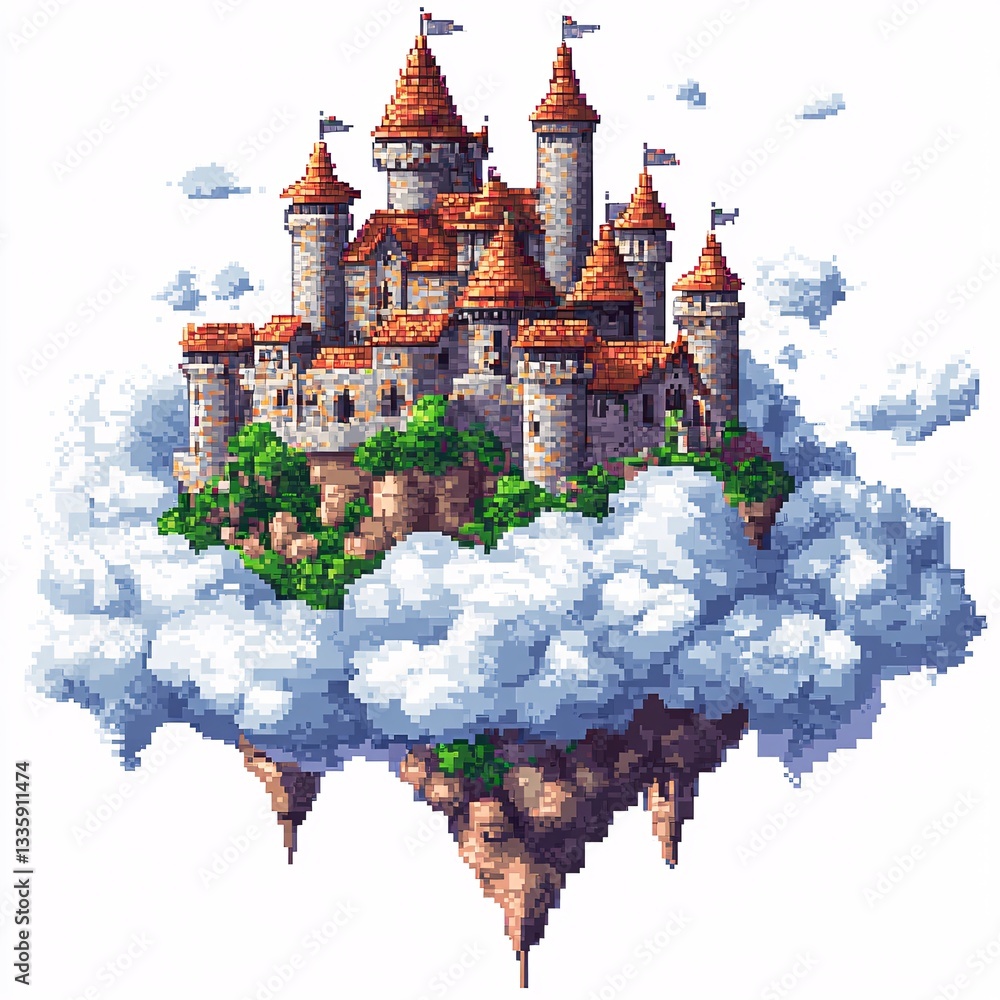 Pixel art sticker logo of a pixelized castle floating in the clouds ...