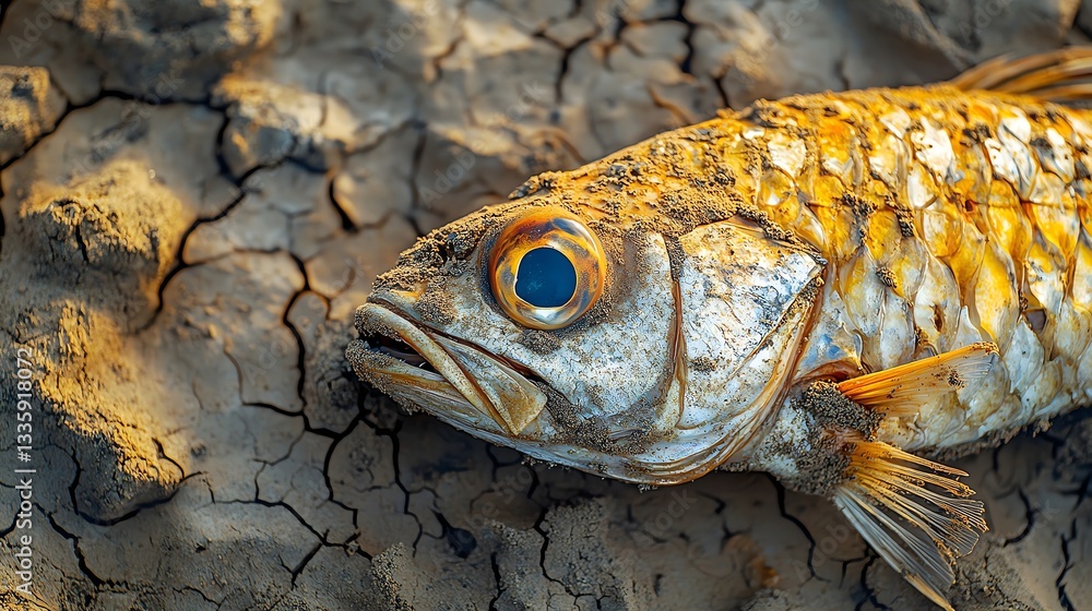 Dying fish in a dried-up riverbed, visualizing the environmental impact ...