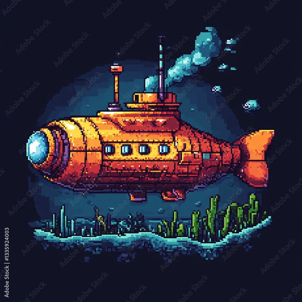 Pixel art sticker logo of a pixel submarine exploring the deep sea ...