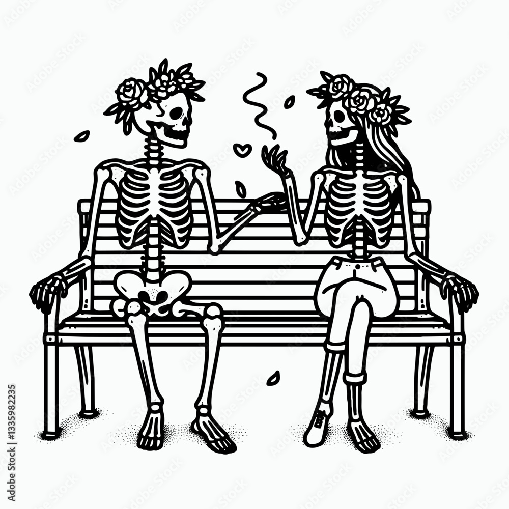 เวกเตอร์ Stock Skeleton couple wear flower crown sitting together on a ...