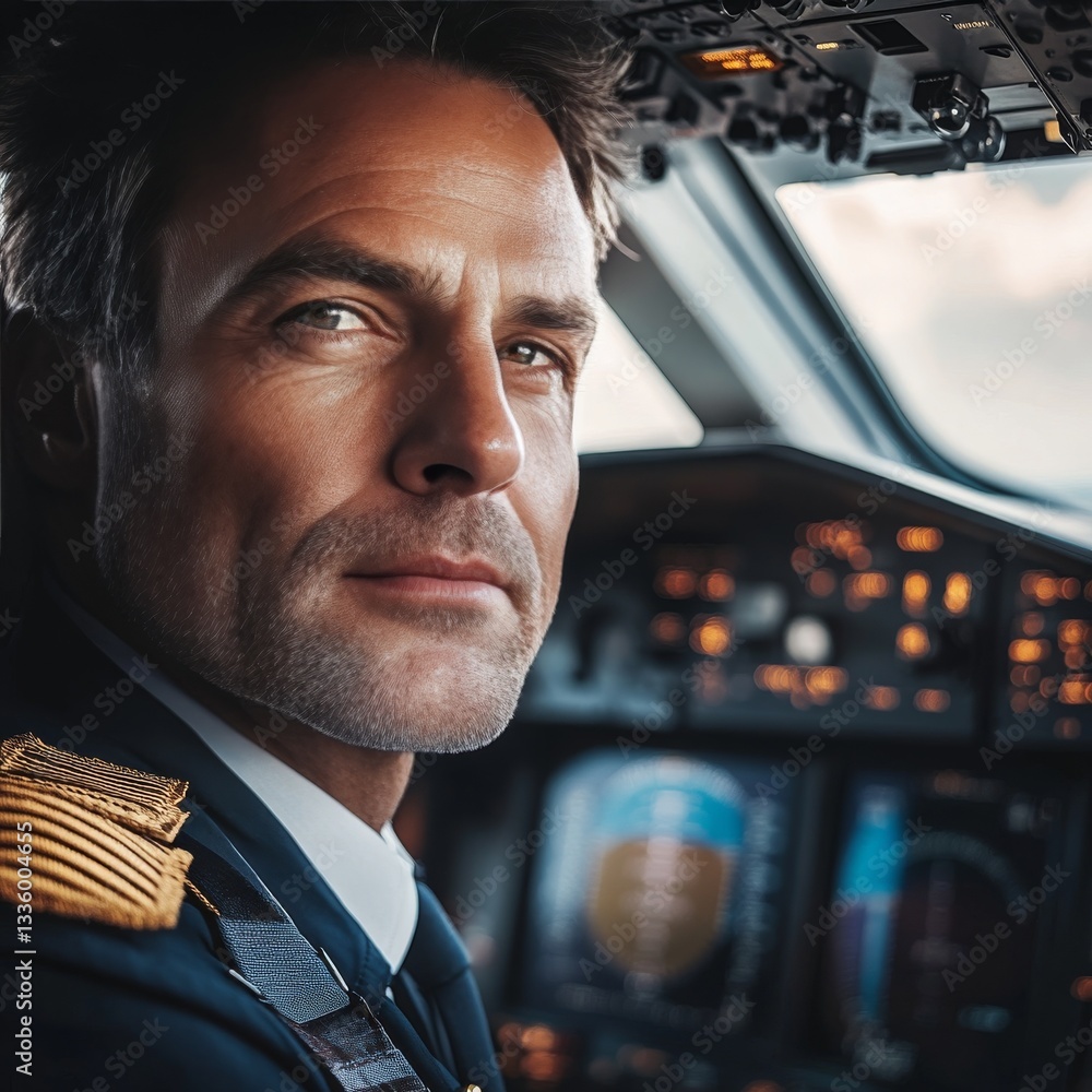 Experienced Airline Pilot in Cockpit: Focused Expression, Flight Deck ...