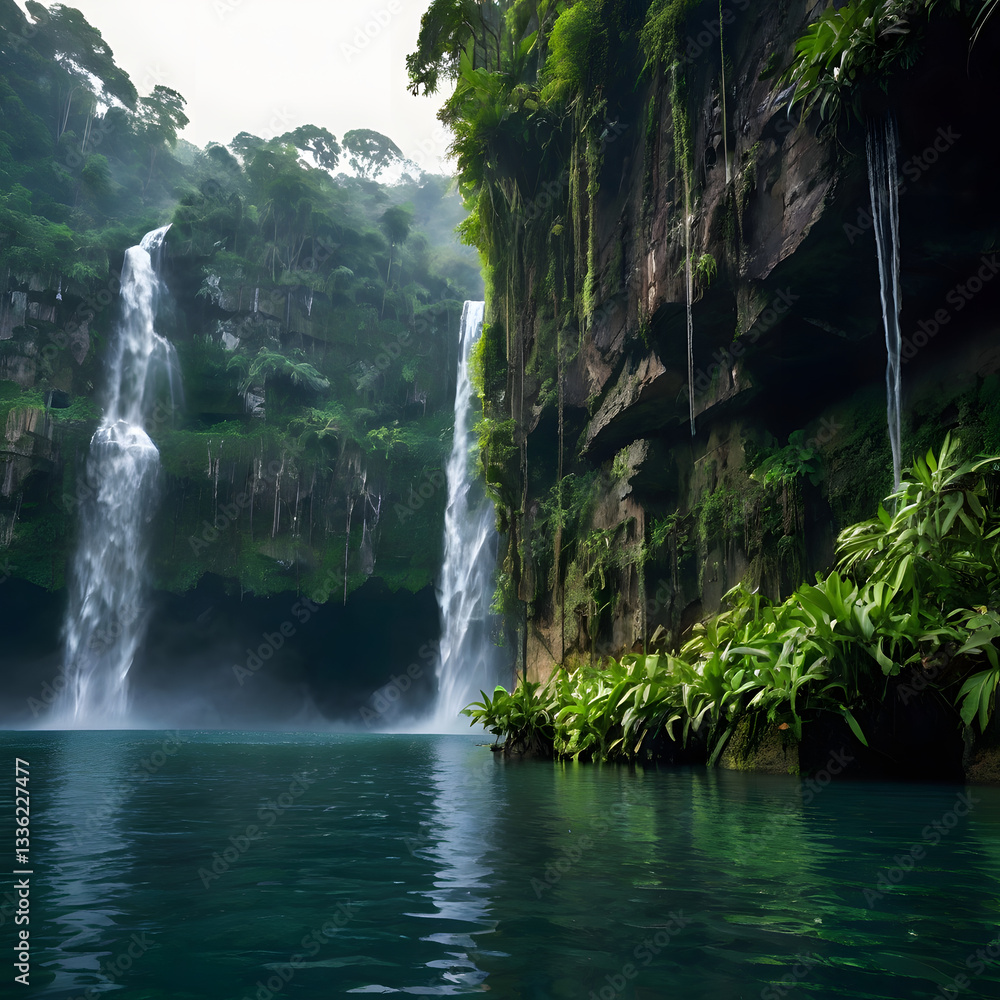 A mystical, jungle-covered cliffside shaped like a massive skull, with ...