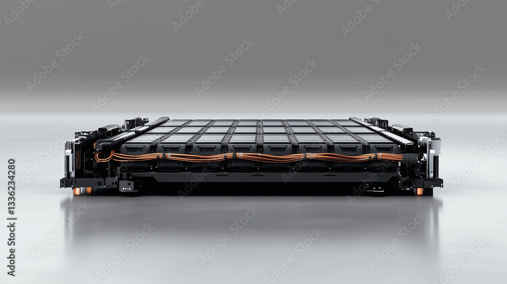 A precision-engineered lithium-ion battery module, showing copper ...