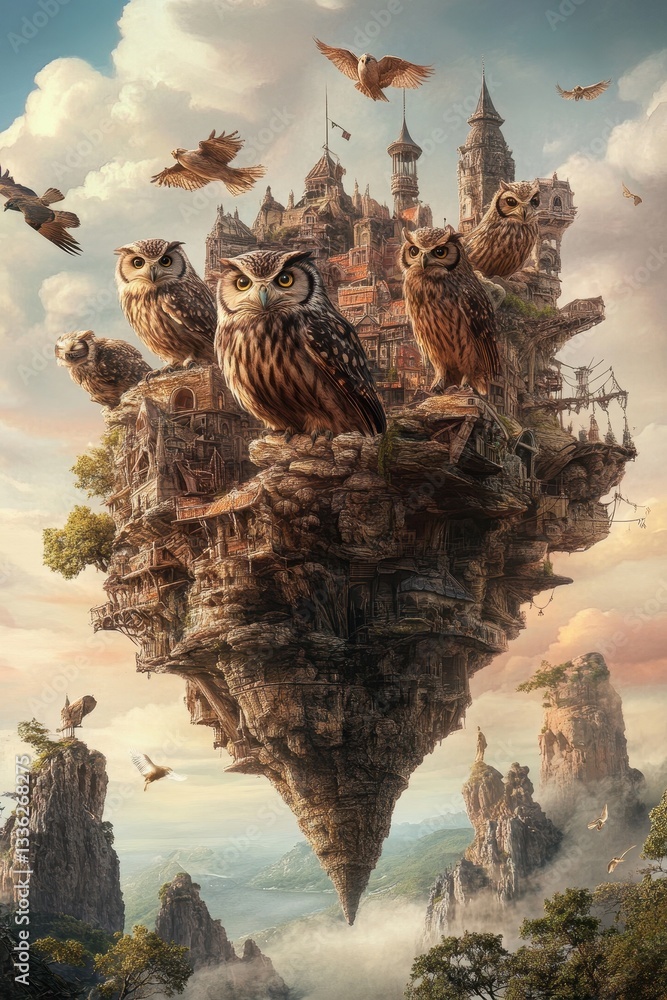 A mystical floating island where wise owls and deep-thinking ...