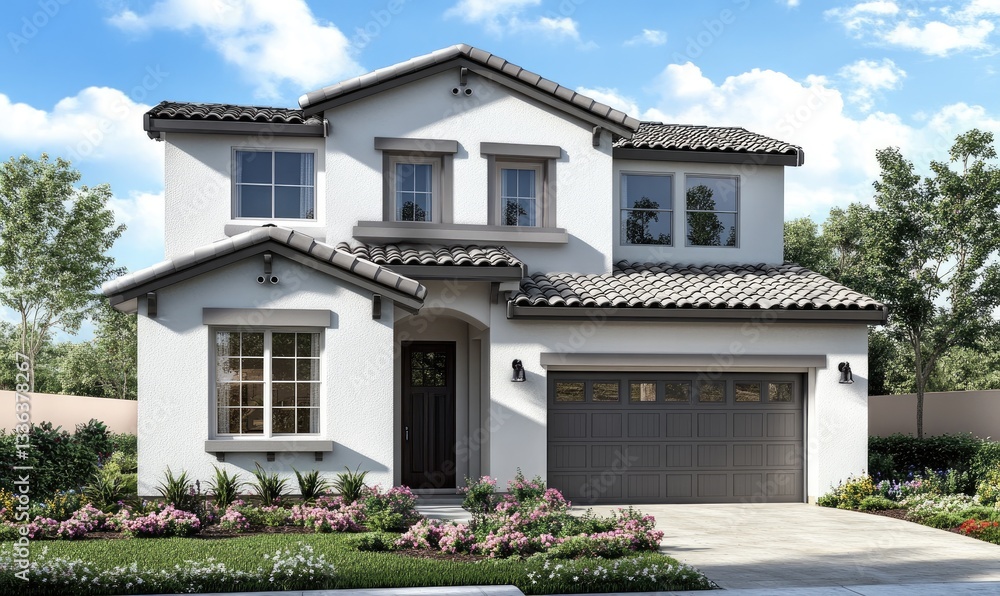 3D render of a modern family house with a gable roof, embedded solar ...