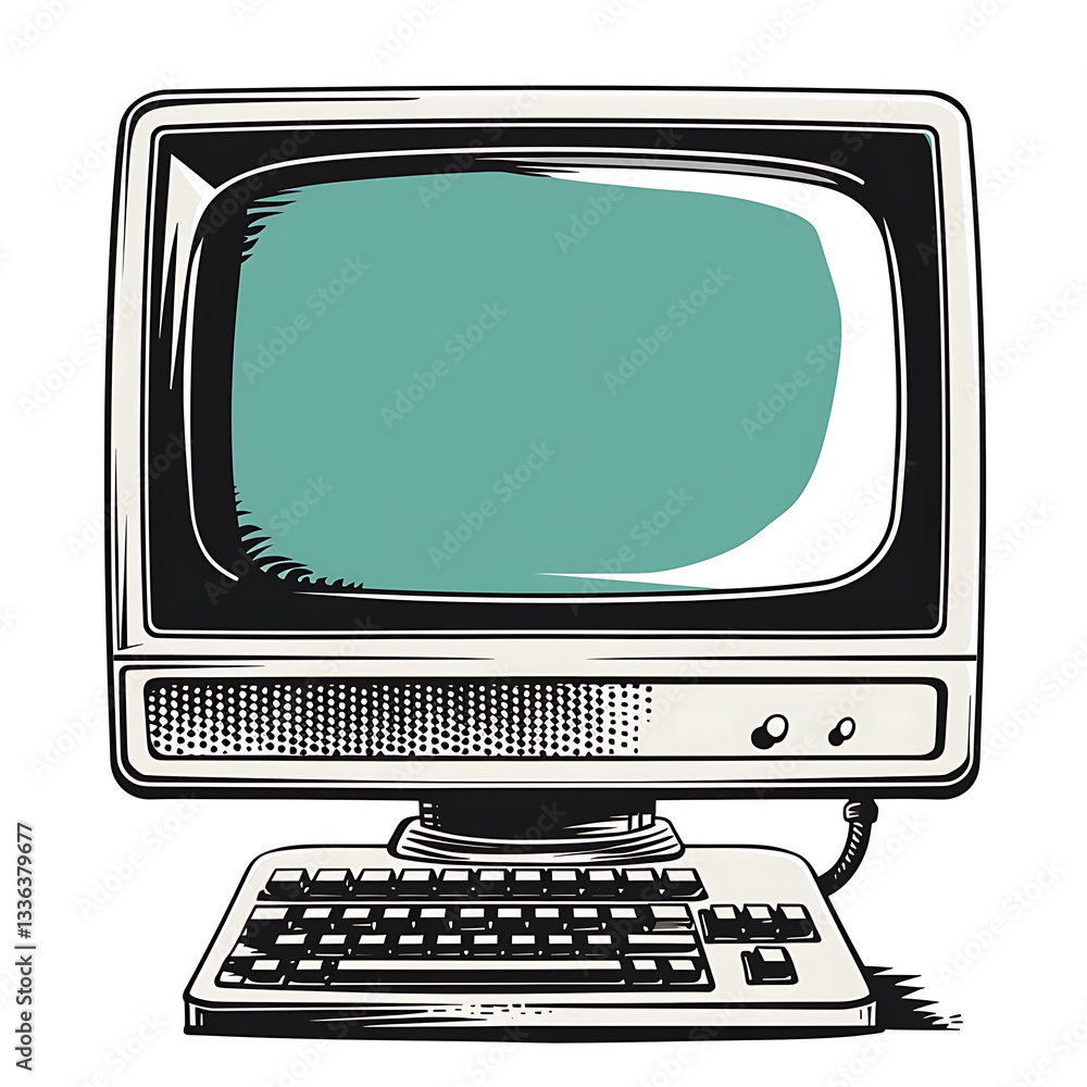 Vintage computer with monitor and keyboard on a plain background ...