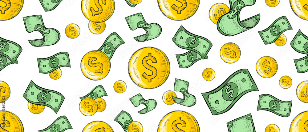 Vector Vintage Hand Drawn Dollars Seamless Pattern USA Dollar Texture ...