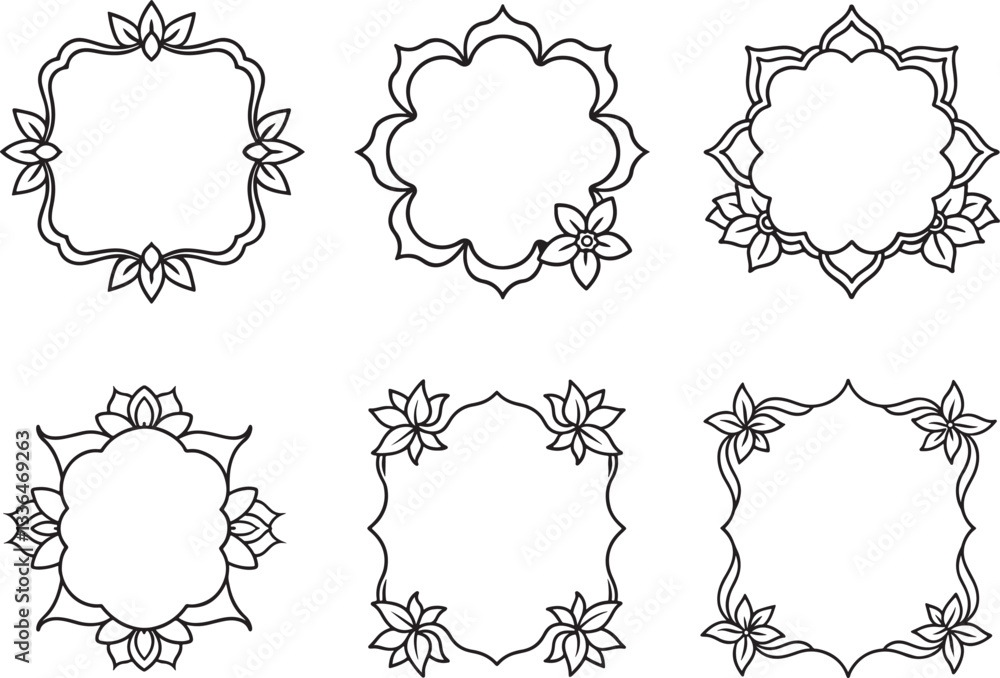 set of floral border and frame line art, black outline, vector and ...