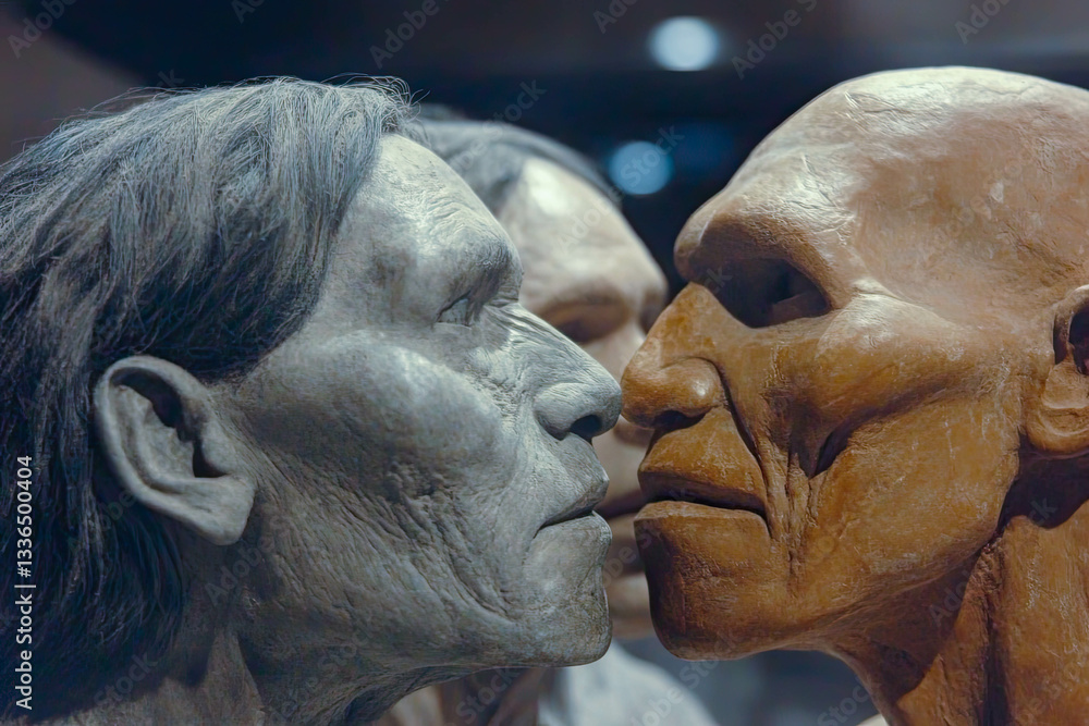 Exploring the differences between Neanderthals and Homo sapiens in a modern exhibit Stock Photo ...