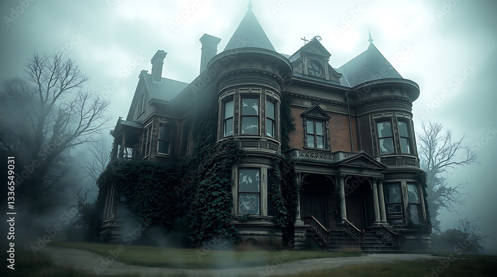 Gothic Victorian mansion, foggy atmosphere, eerie lighting, dark ...