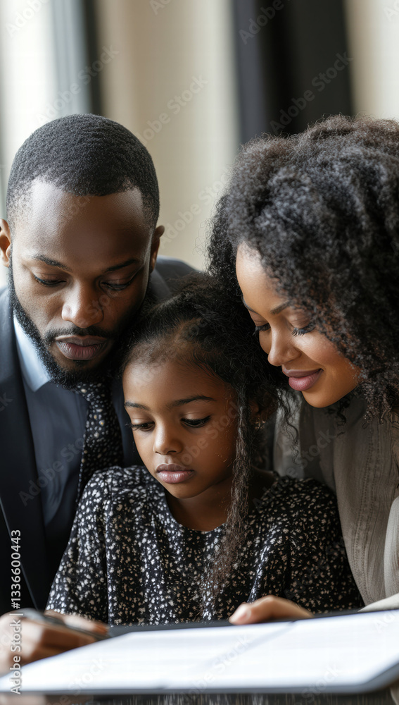 family is engaged discussion, with father and mother closely examining ...