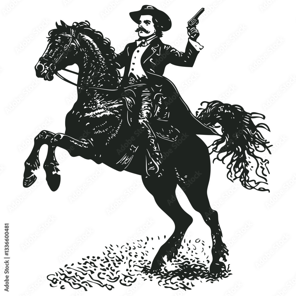 Stockvektorbilden Vector silhouette of a cowboy riding a rearing horse ...