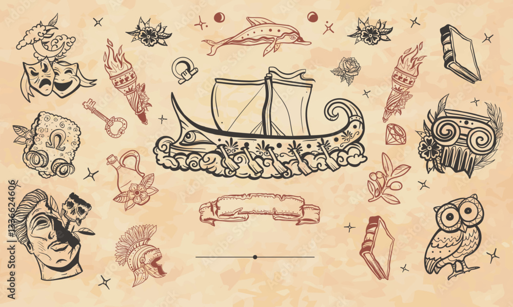 Ancient Greece. Greek boat, olives, theatrical masks, statue head ...