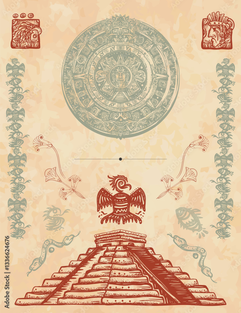 Mayan pyramids, glyphs and old totem. Aztecs, Incas. Historical frame ...