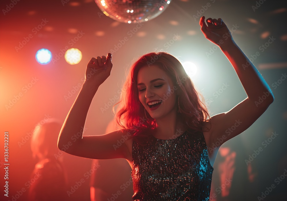 Woman dancing at retro disco party with mirror ball and colorful lights ...