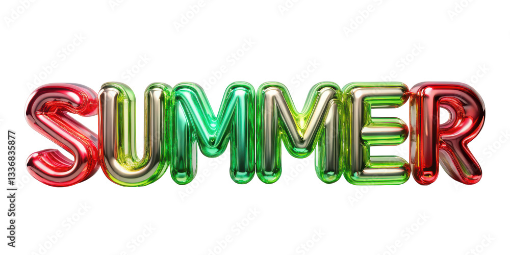 Alphabet letters SUMMER in 3d iridescent neon shiny green metallic font ...