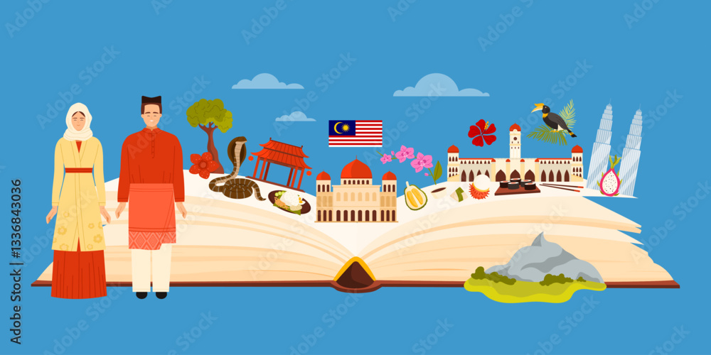 Malaysia culture elements and travel attractions infographic collage ...