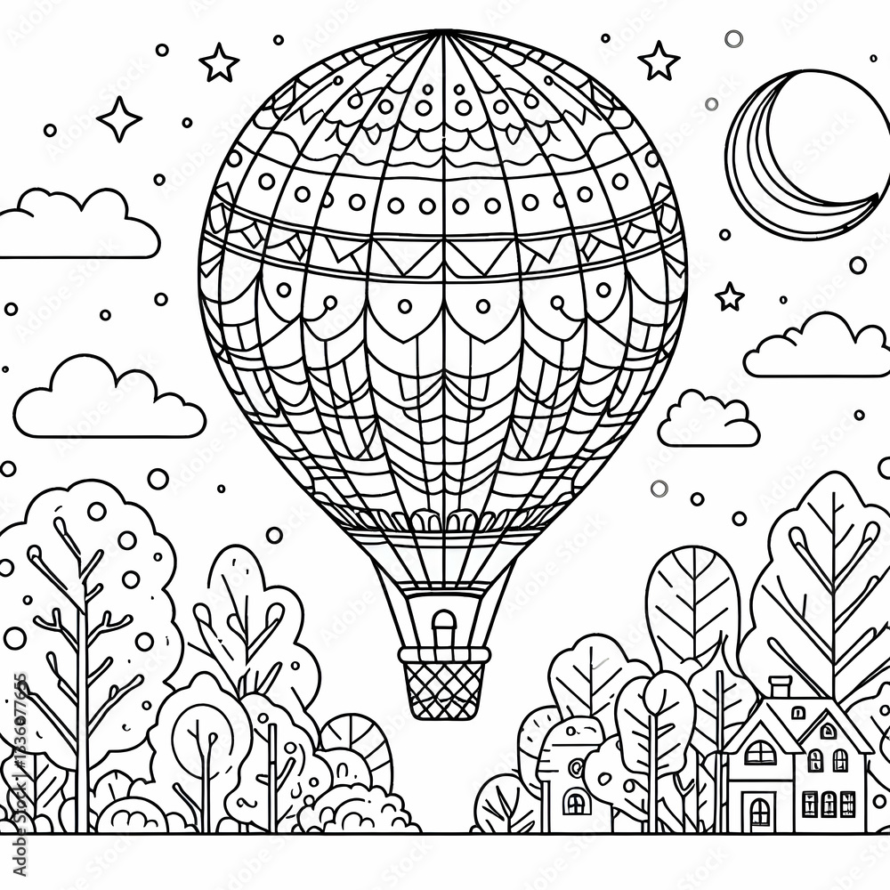coloring page of a air balloon , coloring book page, clean line art ...