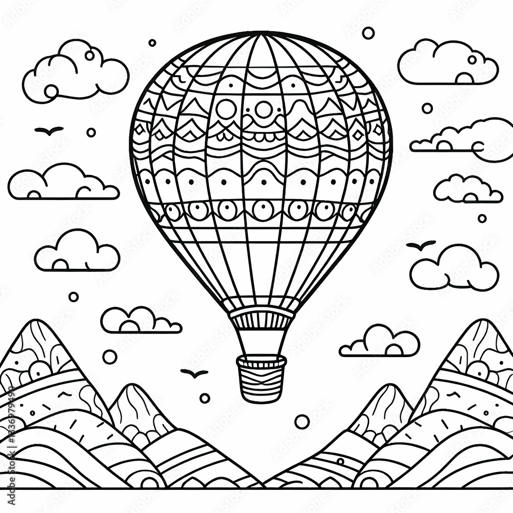 coloring page of a air balloon , coloring book page, clean line art ...