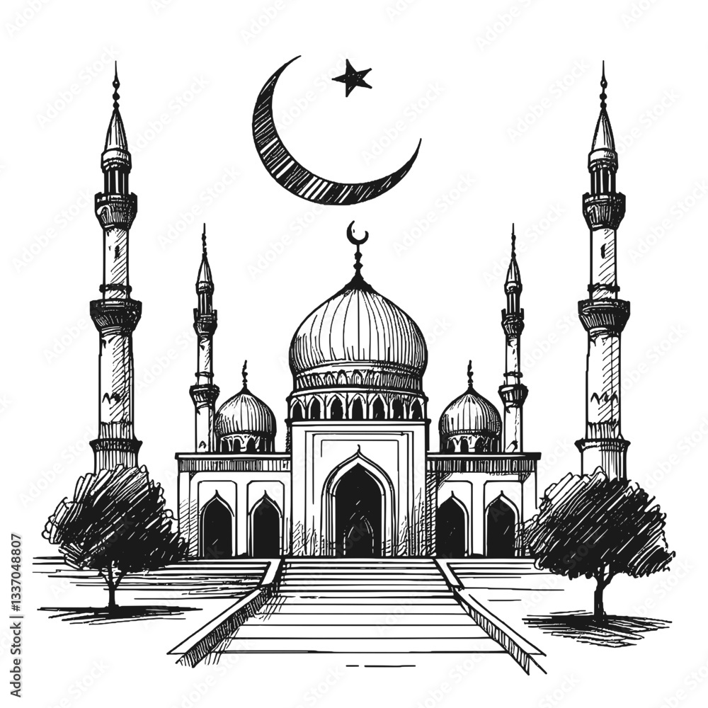 Modern Mosque Line Drawing, mosque line art drawing ink sketch vector ...