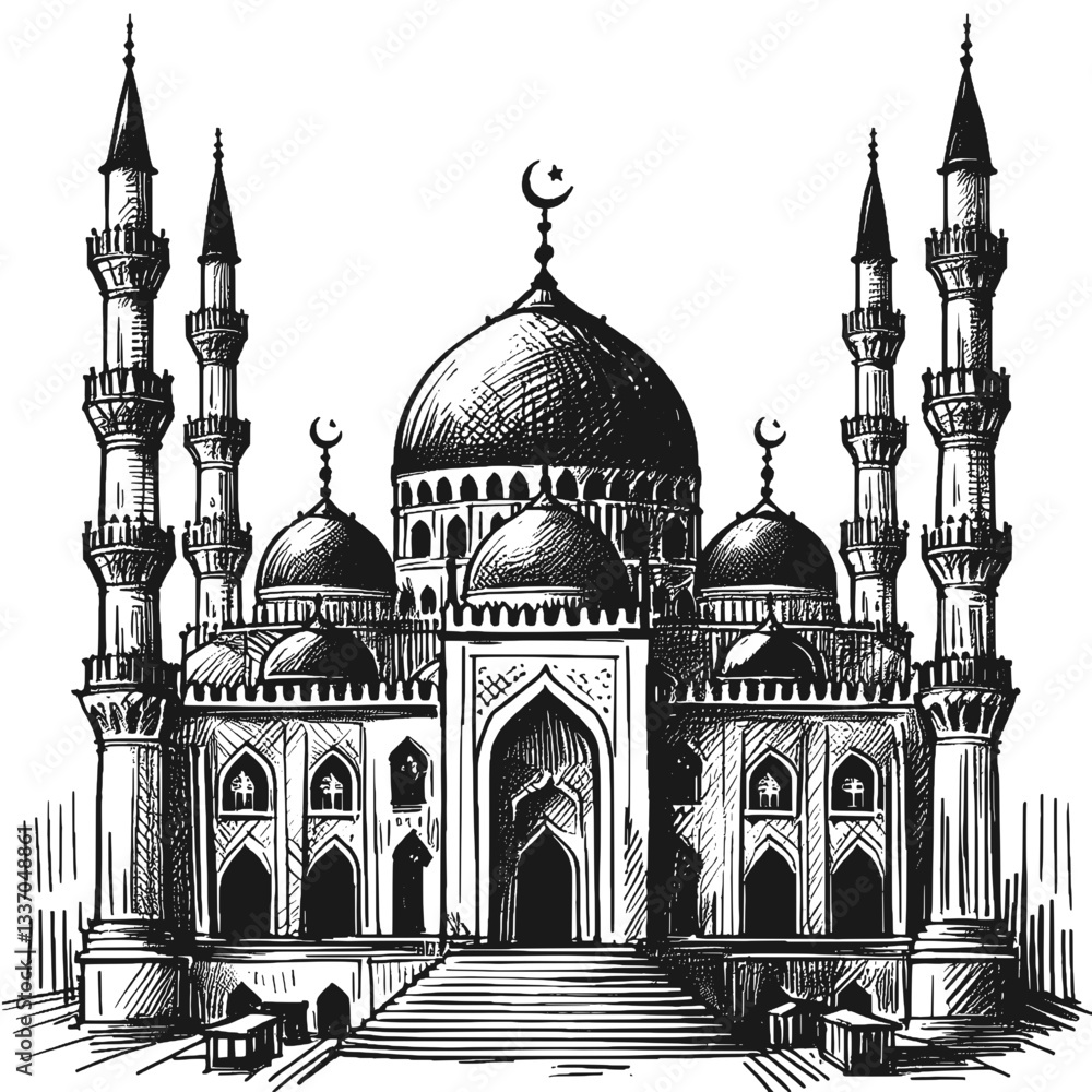 Minimalist Mosque Architecture Sketch, mosque line art drawing ink ...