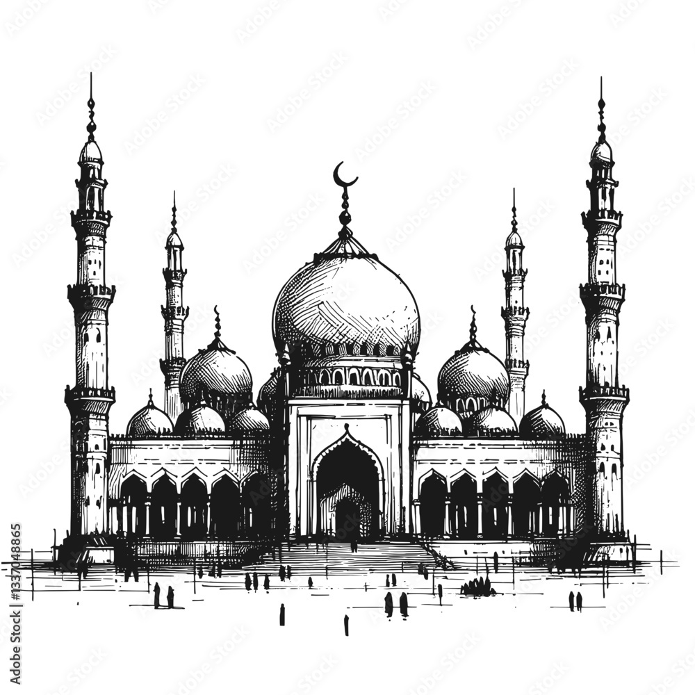 Sacred Mosque Design in Simple Lines, mosque line art drawing ink ...