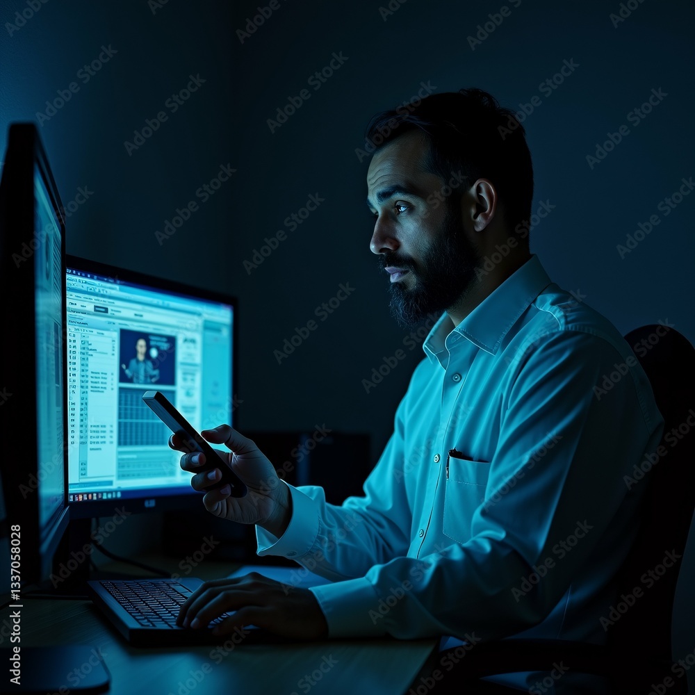 man sitting desk front computer monitor wearing white shirt has beard man holding smartphone his ...