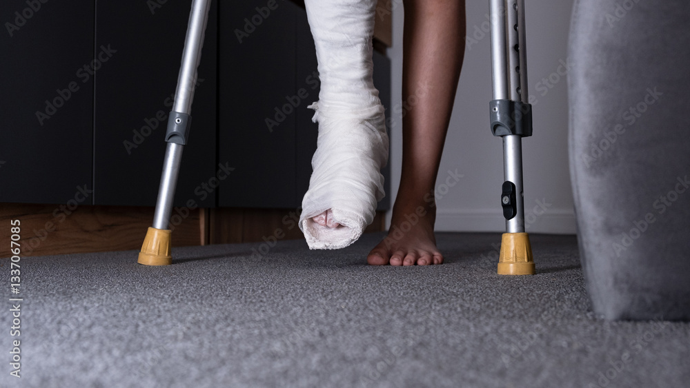 Teenager boy with injured broken leg in a plaster cast on the bed at ...