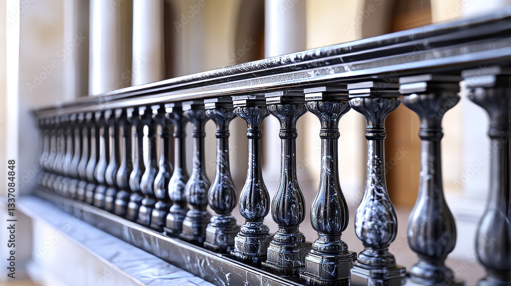 3d black balcony balustrade with roman stone pillar. Palace porch fence ...