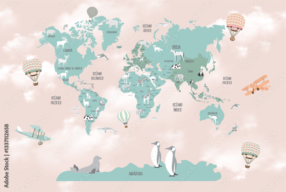 Illustrated World Map with Native Animals and Country Names in Spanish ...