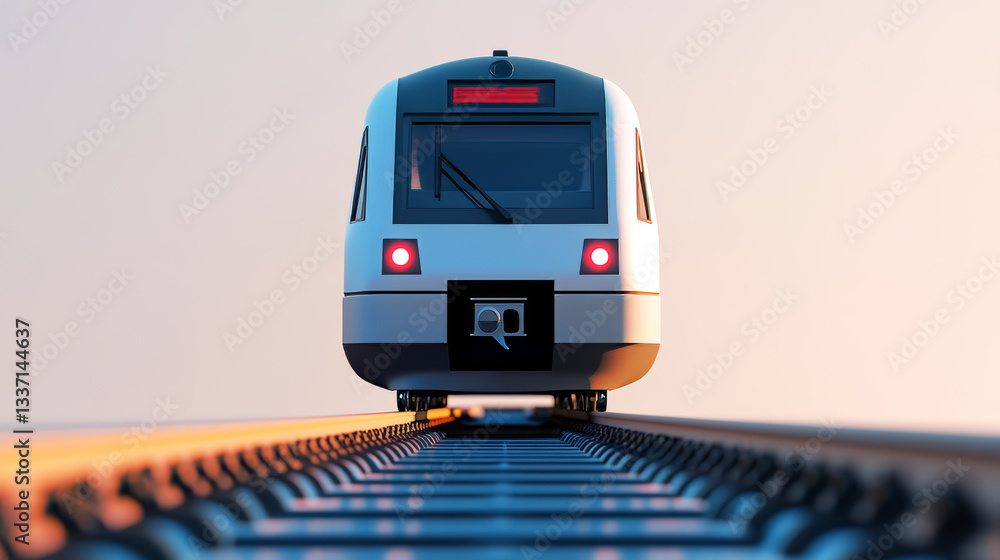 Train or metro, front view, subway locomotive on rails with windshield and illumination. Modern ...