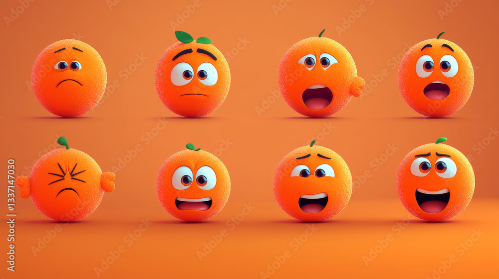 Cute orange cartoon character face emoji set. Funny citrus fruit ui ...