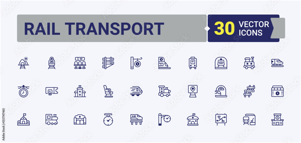Rail Transport linear icon collection. Featuring train, transportation ...