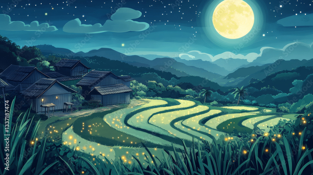 Night rice field terraces at asian mountains landscape with paddy ...