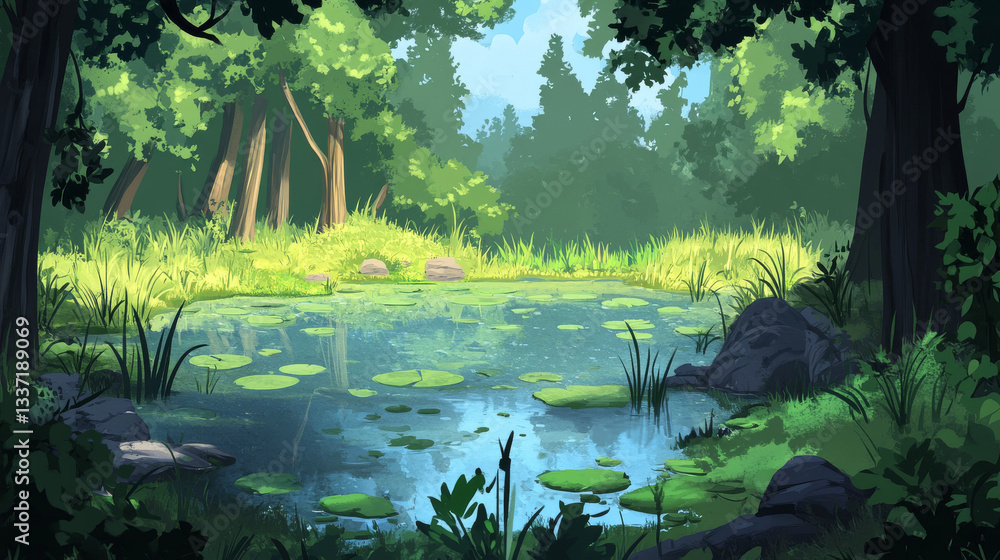Forest swamp cartoon vector game landscape scene. Fantasy lake with ...