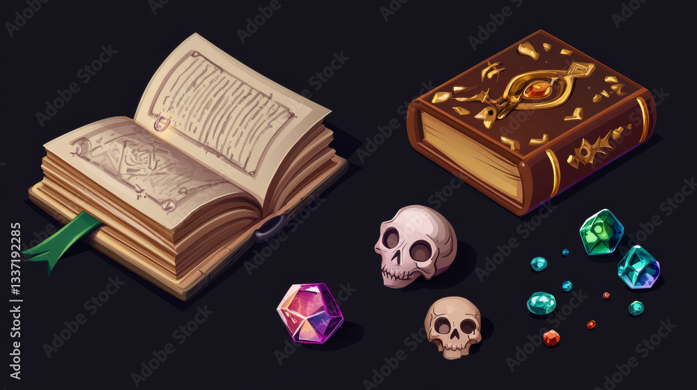 Magic book game level rank ui assets. Cartoon set of evolution stages ...