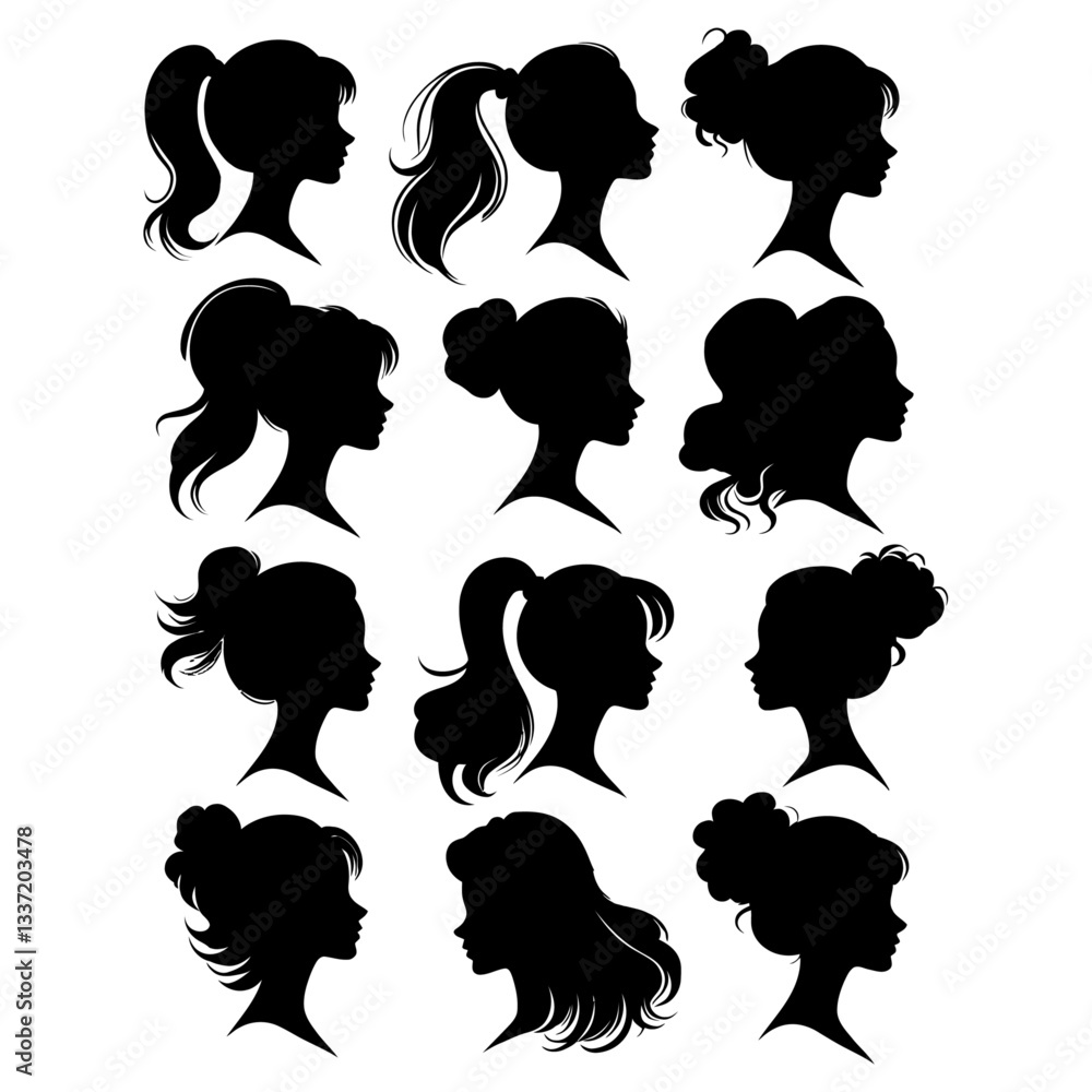 Woman heads in profile black silhouette outline avatars, Beautiful ...