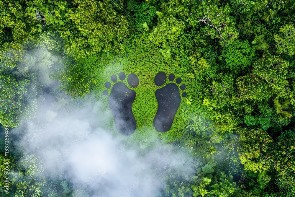 Aerial view of a dense green forest with two large footprints forming a ...