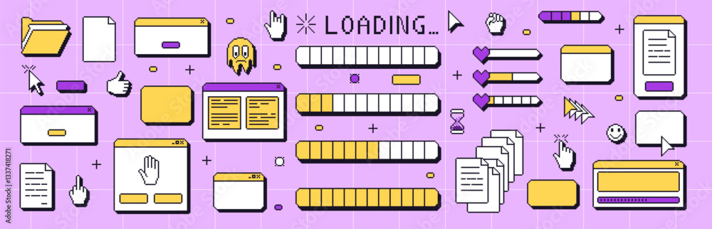 Pixel art windows interface. 8 bit browser and popup elements with pointers cursors, arrow and ...