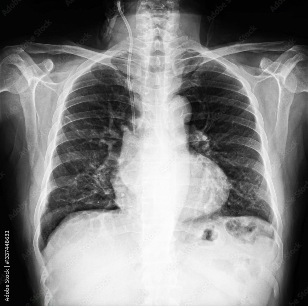 Human chest X-ray showing lungs and ribcage in grayscale. Lungs, ribs ...