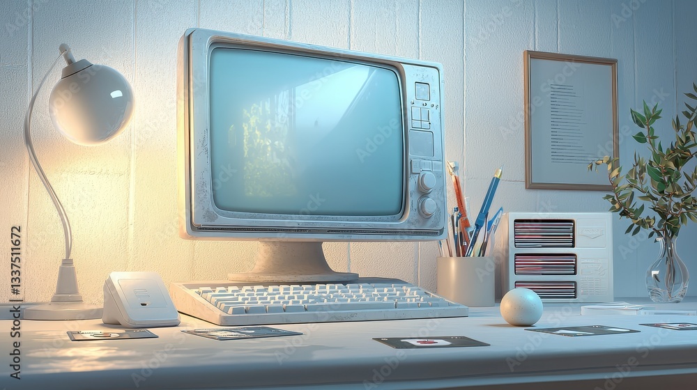 An old-school computer workstation with a dusty CRT monitor, floppy ...