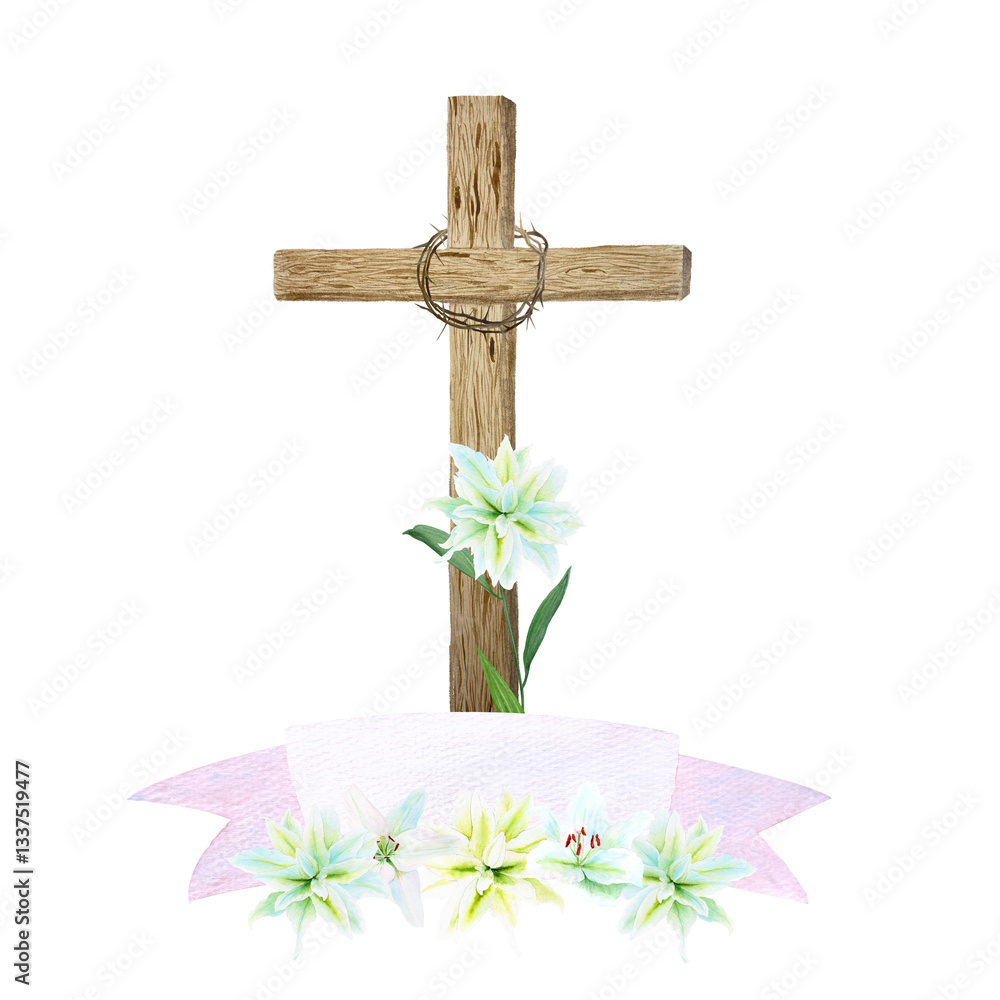 Wooden cross, crown of thorns and lilies with empty banner watercolor composition isolated on ...