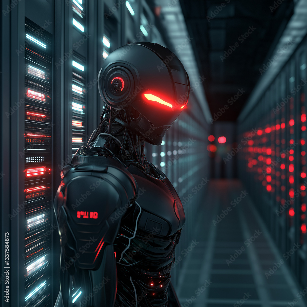 Cybersecurity: AI Robot Sentinel with Glowing Red Eyes Protecting Data ...