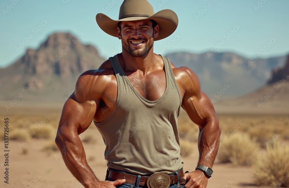 Muscled cowboy posing in prairie. Beefy strong man wears hat ...