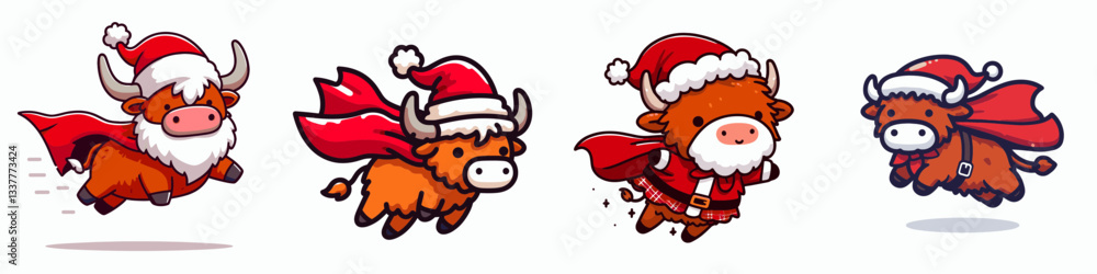 Highland Cow wearing Santa Claus costumes flying with a cape vector ...
