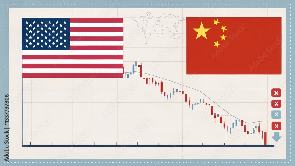 Tariffs concept. Flags of the USA and China beside a declining graph ...