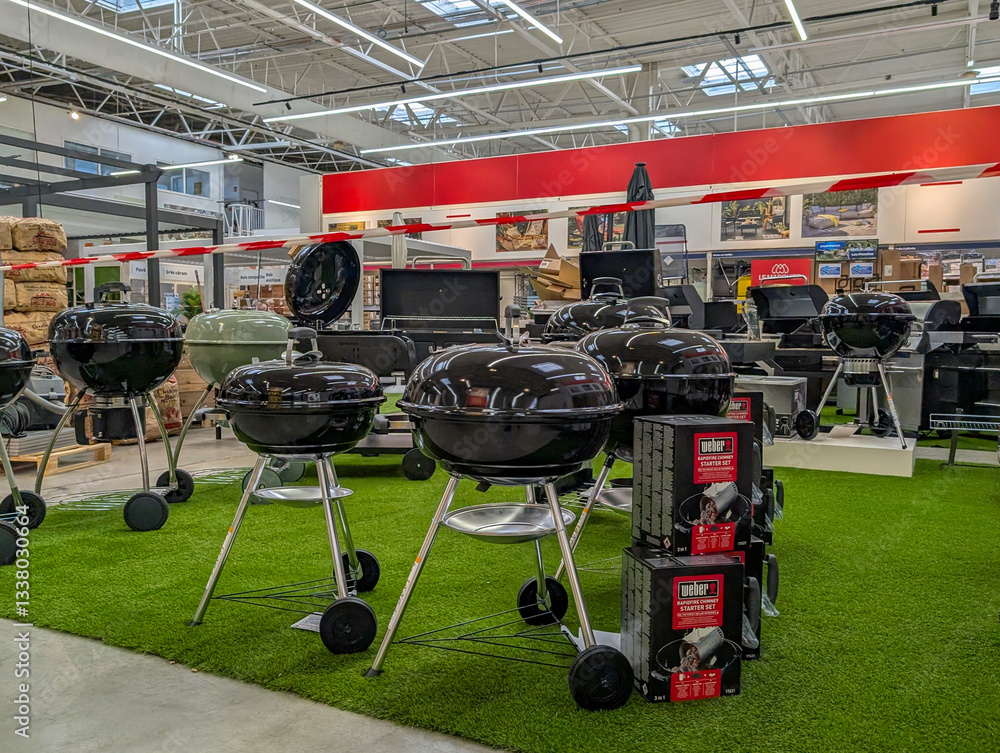 France, 20 February 2025 : Outdoor grill display at a store with ...