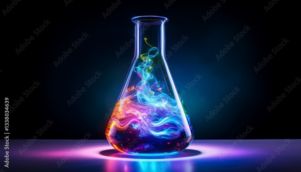 A transparent high-tech lab flask with a swirling, colorful chemical ...